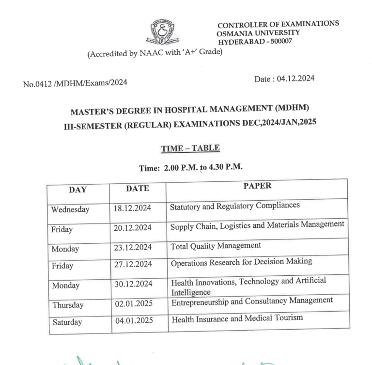 Osmania University Time Table 2025 (Out) 1st 3rd 5th Sem Exam Date